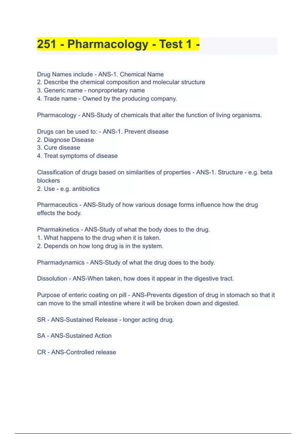 251 - Pharmacology - Test 1 - FULL SOLUTIONS 2023 - 251 - Pharmacology ...