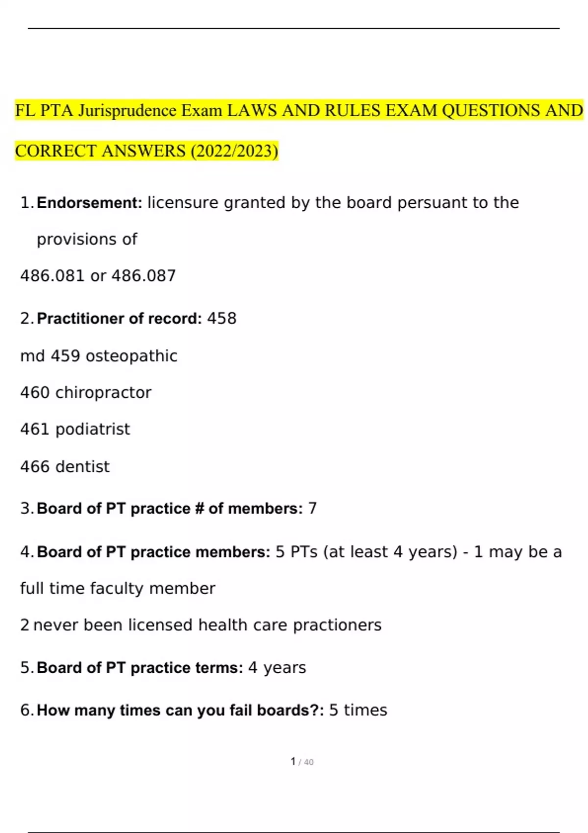 FL PTA Jurisprudence Exam LAWS AND RULES EXAM questions verified with ...