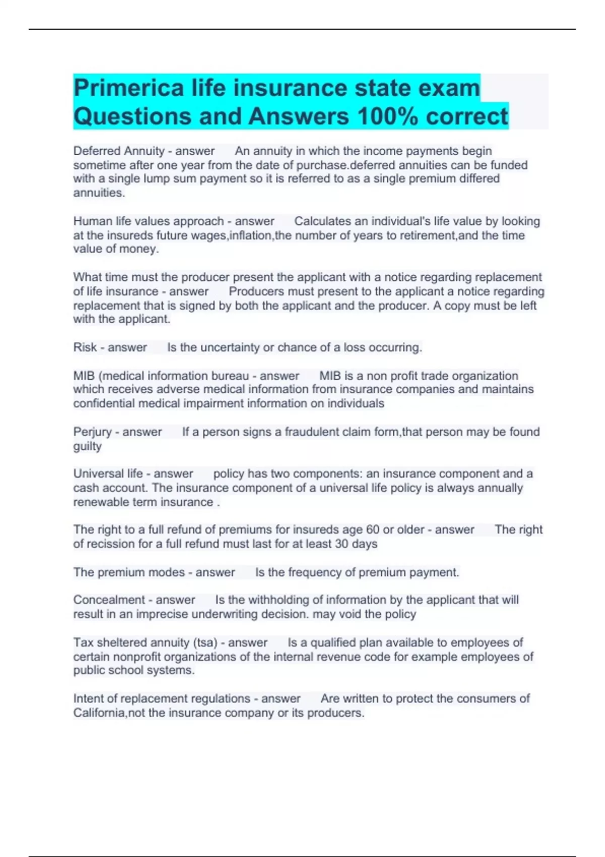 Primerica life insurance state exam Questions and Answers 100% correct ...