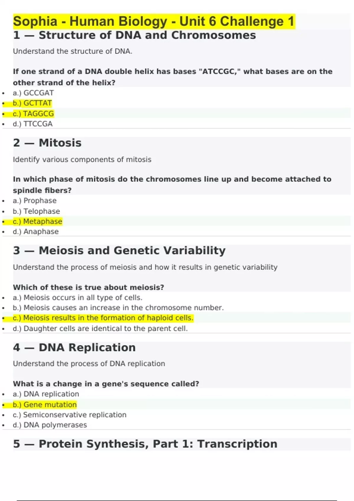 Sophia - Human Biology - Unit 6 Challenge 1 1 — Structure of DNA and Chromosomes Understand the ...