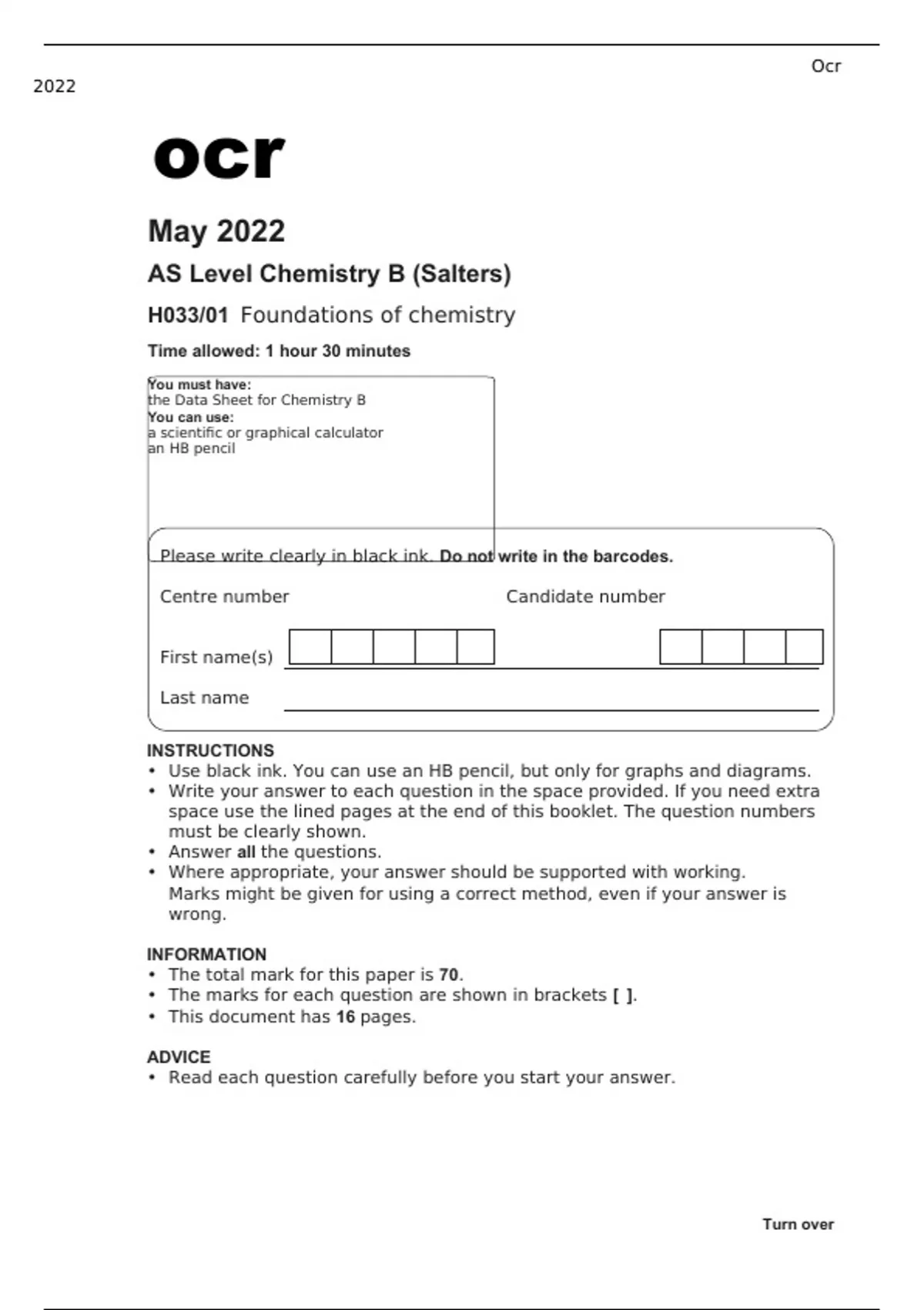 ocr AS Level Chemistry B (Salters) H033-01 May 2022 Question Paper - AS Level Chemistry B H033 ...