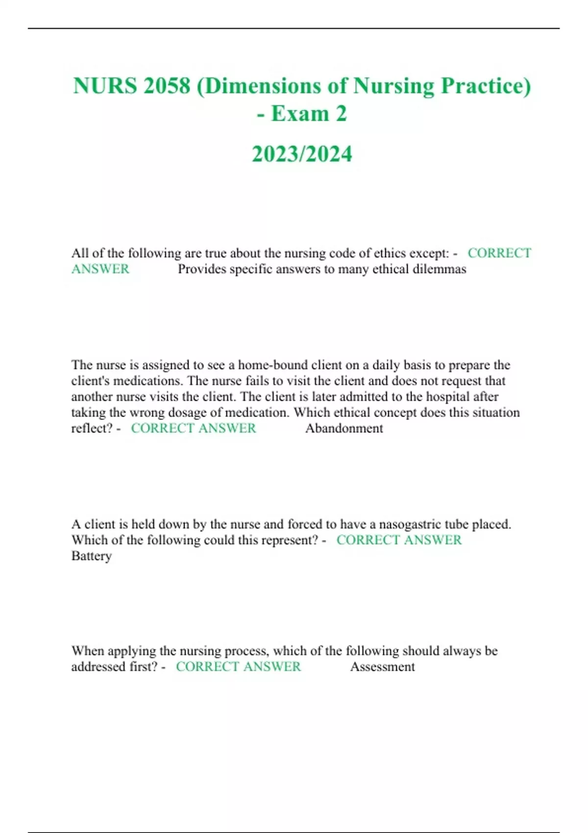 NUR 2058 / NUR2058: Dimensions of Nursing Practice Exam 2 (Latest 2023/ ...