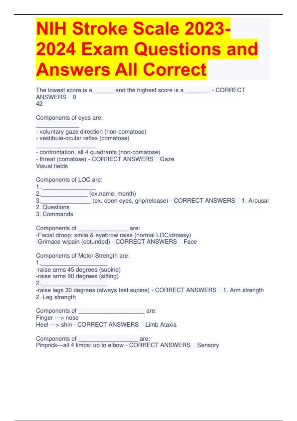 NIH Stroke Scale Exam Questions and Answers All Correct - NIH Stroke ...