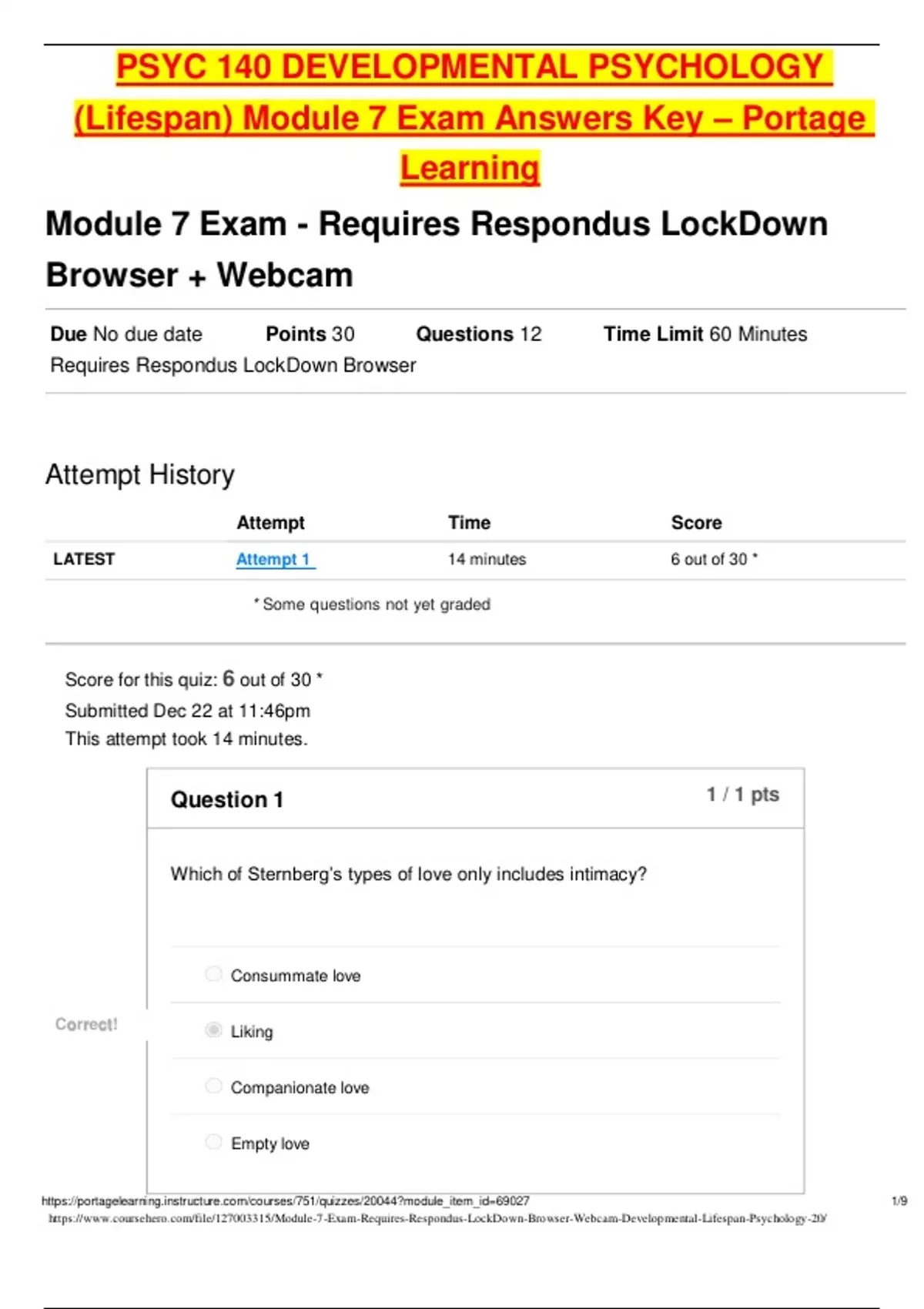 PSYC 140 DEVELOPMENTAL PSYCHOLOGY (Lifespan) Module 7 Exam Answers Key ...