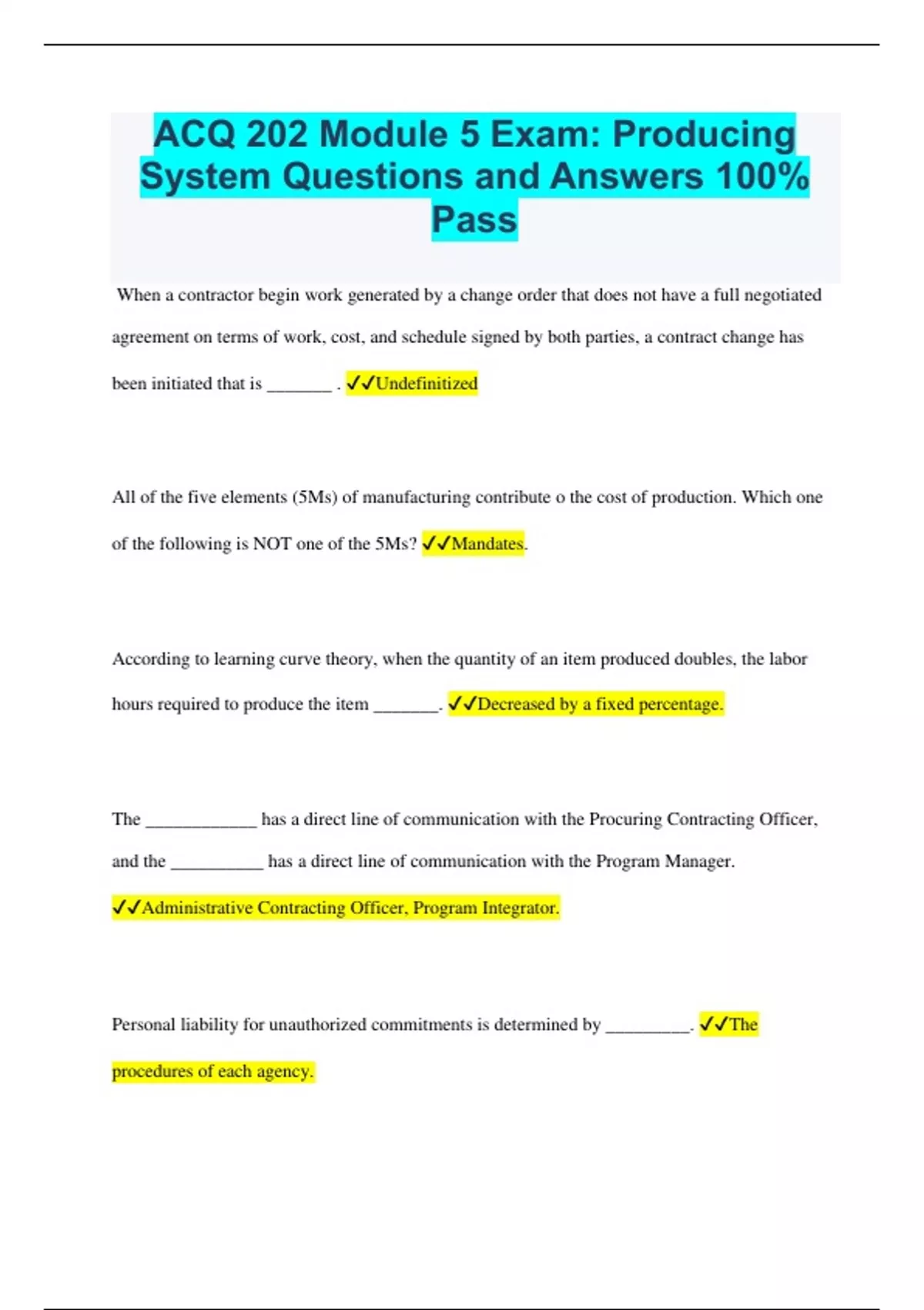 ACQ 202 Module 5 Exam: Producing System Questions and Answers 100% Pass - ACQ 202 Module 5 ...