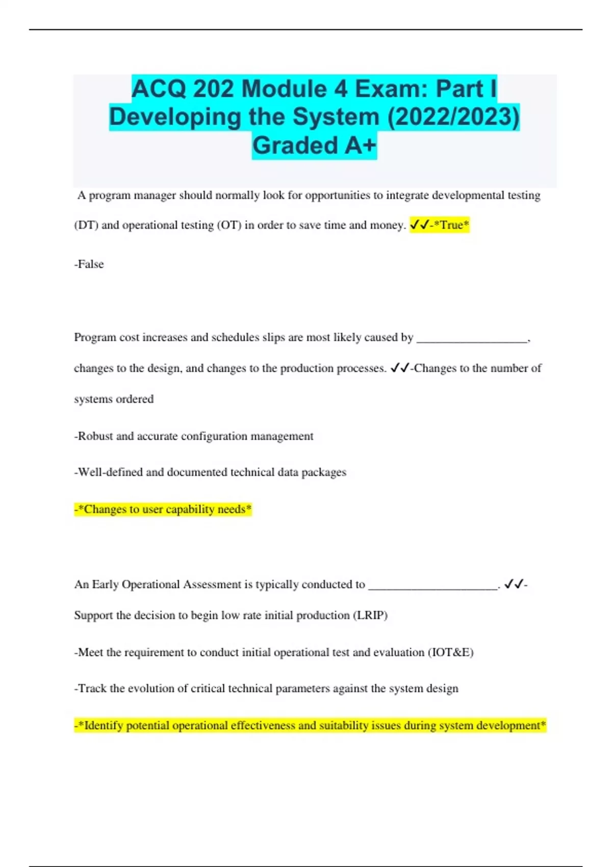 ACQ 202 Module 4 Exam: Part I Developing the System (2022/2023) Graded A+ - ACQ 202 Module 4 ...