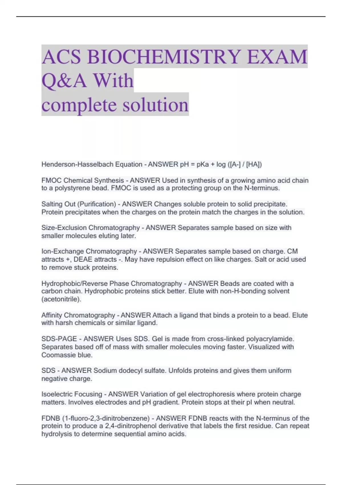 ACS BIOCHEMISTRY EXAM Q&A With complete solution - ACS BIOCHEMISTRY ...