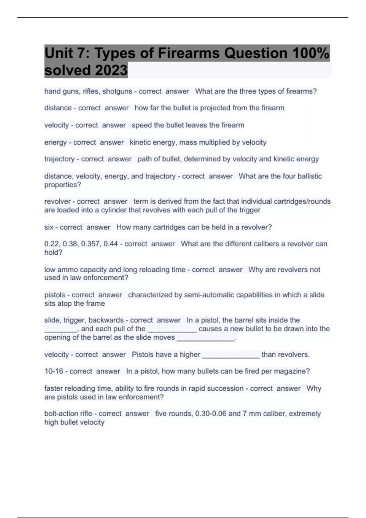 Unit 7: Types of Firearms Question 100% solved 2023 - Unit 7: Types of ...