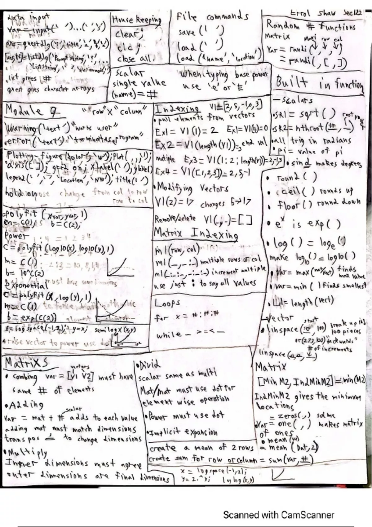 Summary Final Exam Note Sheet - MatLab - ENGR 14110 - ENGR 1410 (1410) - Stuvia US