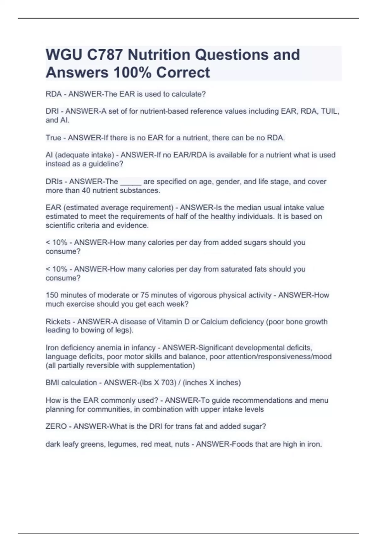 WGU C787 Nutrition Questions and Answers 100% Correct - WGU C787 - Stuvia US