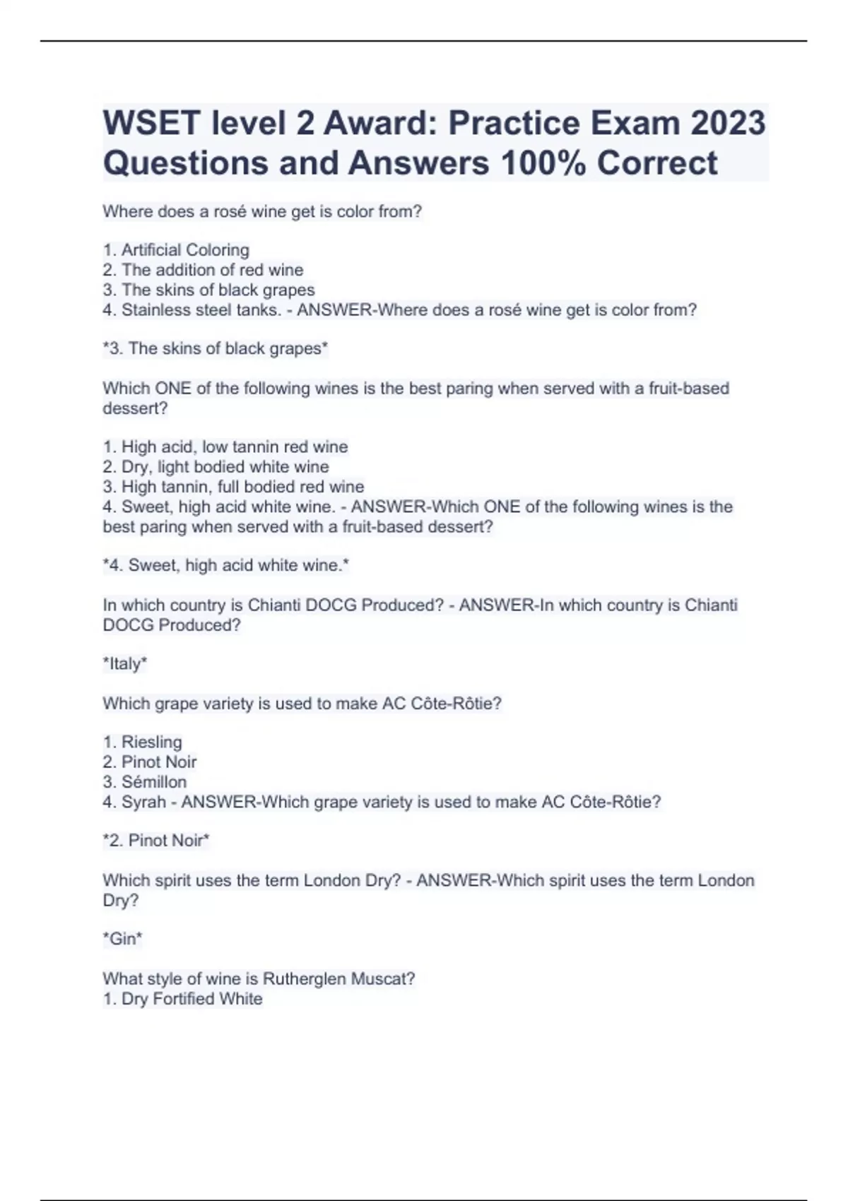 WSET LEVEL 1, 2,& 3 EXAM STUDY BUNDLE WITH COMPLETE SOLUTIONS - Stuvia US