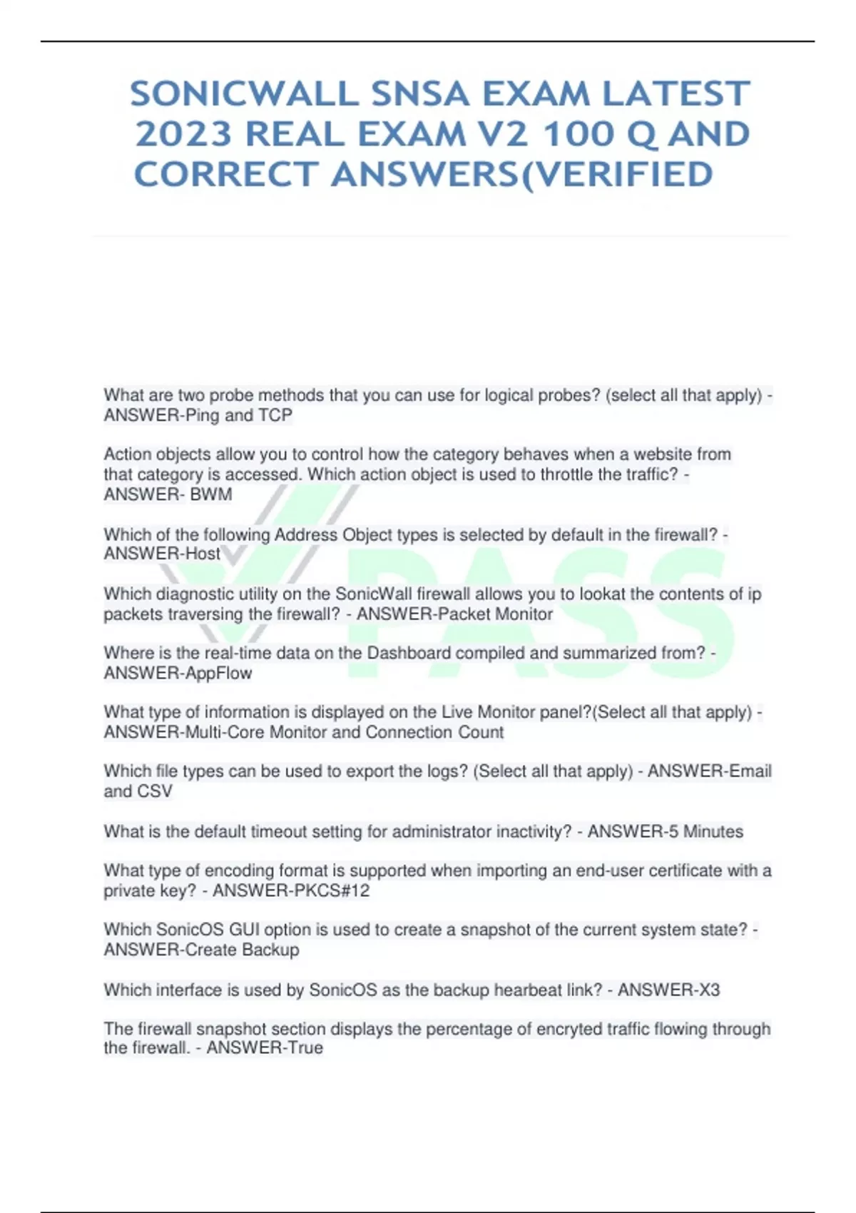 SONICWALL SNSA EXAM LATEST 2023 REAL EXAM V2 100 Q AND CORRECT ANSWERS ...