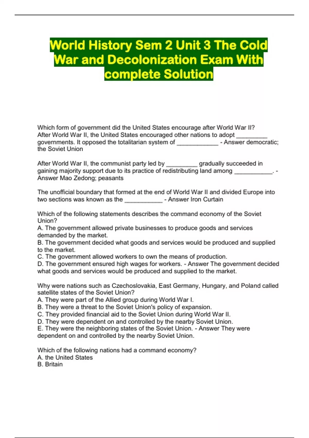 World History Sem 2 Unit 3 The Cold War and Decolonization Exam With ...