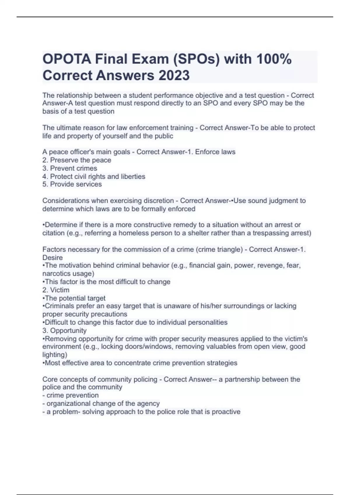 OPOTA Final Exam (SPOs) with 100% Correct Answers 2023 - OPOTA - Stuvia US