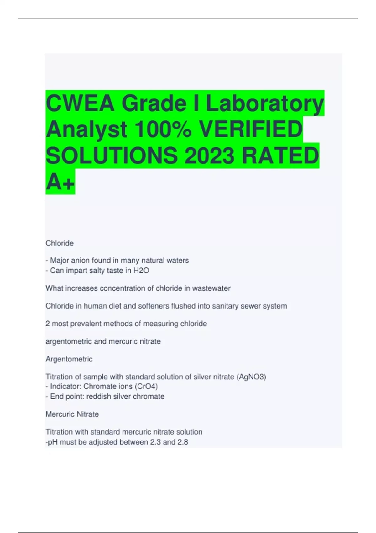CWEA Grade I Laboratory Analyst 100% VERIFIED SOLUTIONS 2023 RATED A+ ...