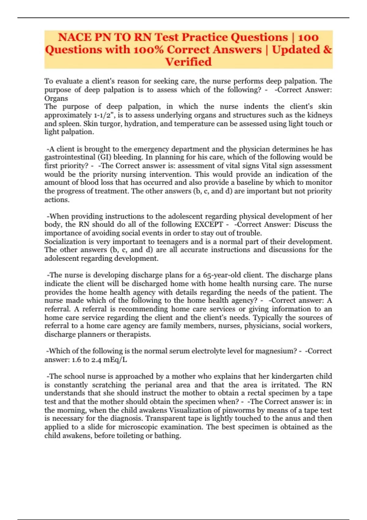 Nace Pn To Rn Test Practice Questions 100 Questions With 100 Correct Answers Updated