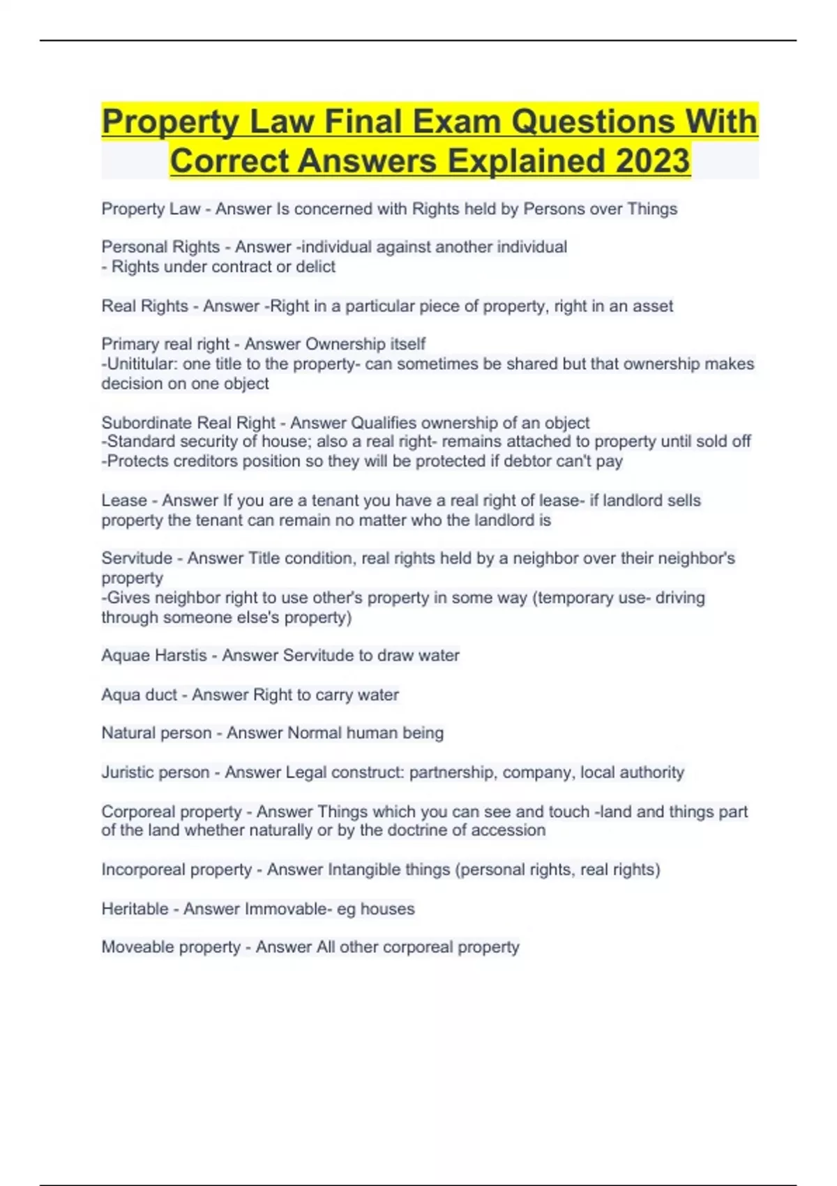 Property Law Final Exam Questions With Correct Answers Explained 2023 ...
