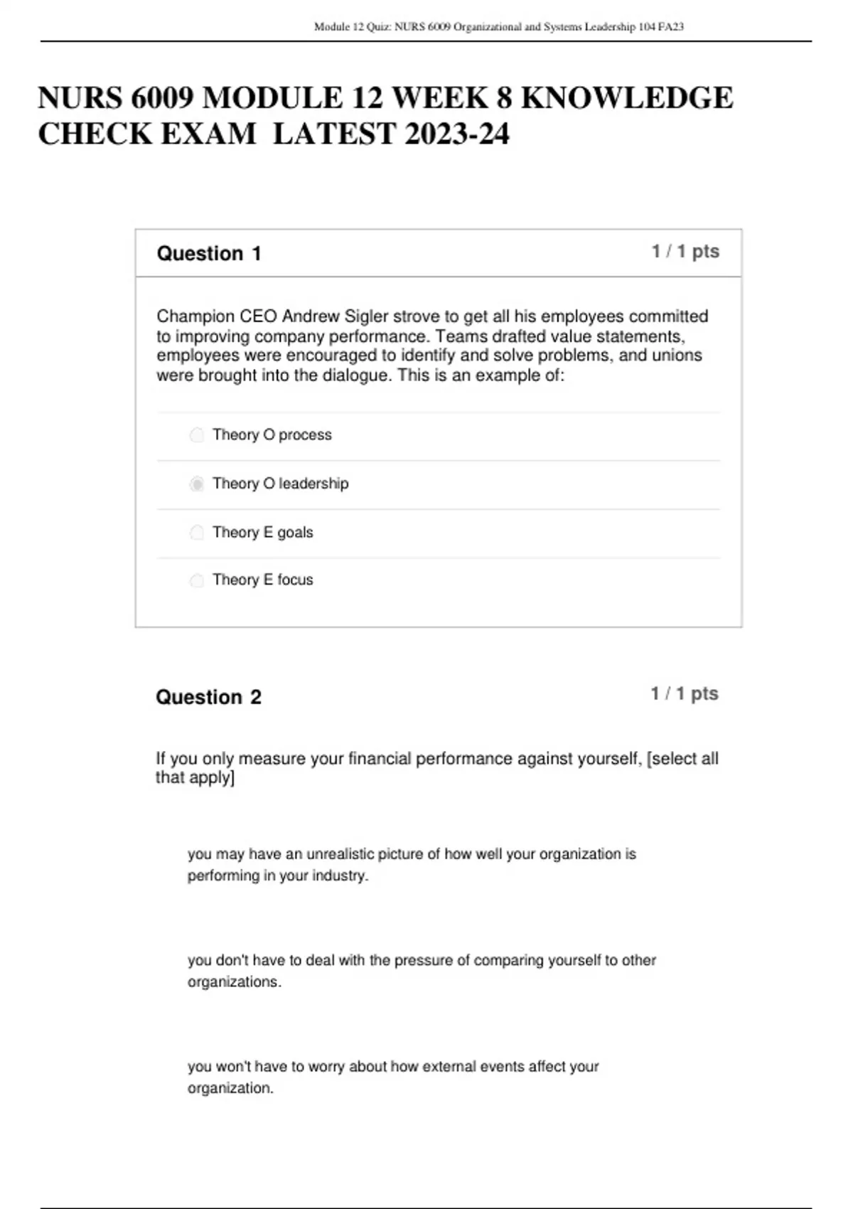 NURS 6009 MODULE 12 WEEK 8 KNOWLEDGE CHECK EXAM LATEST 2023-24 - NURS ...