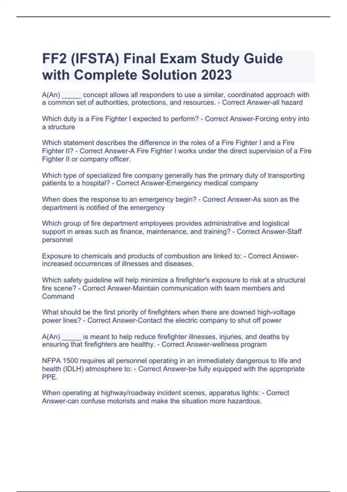 FF2 (IFSTA) Final Exam Study Guide with Complete Solution 2023 - IFSTA ...