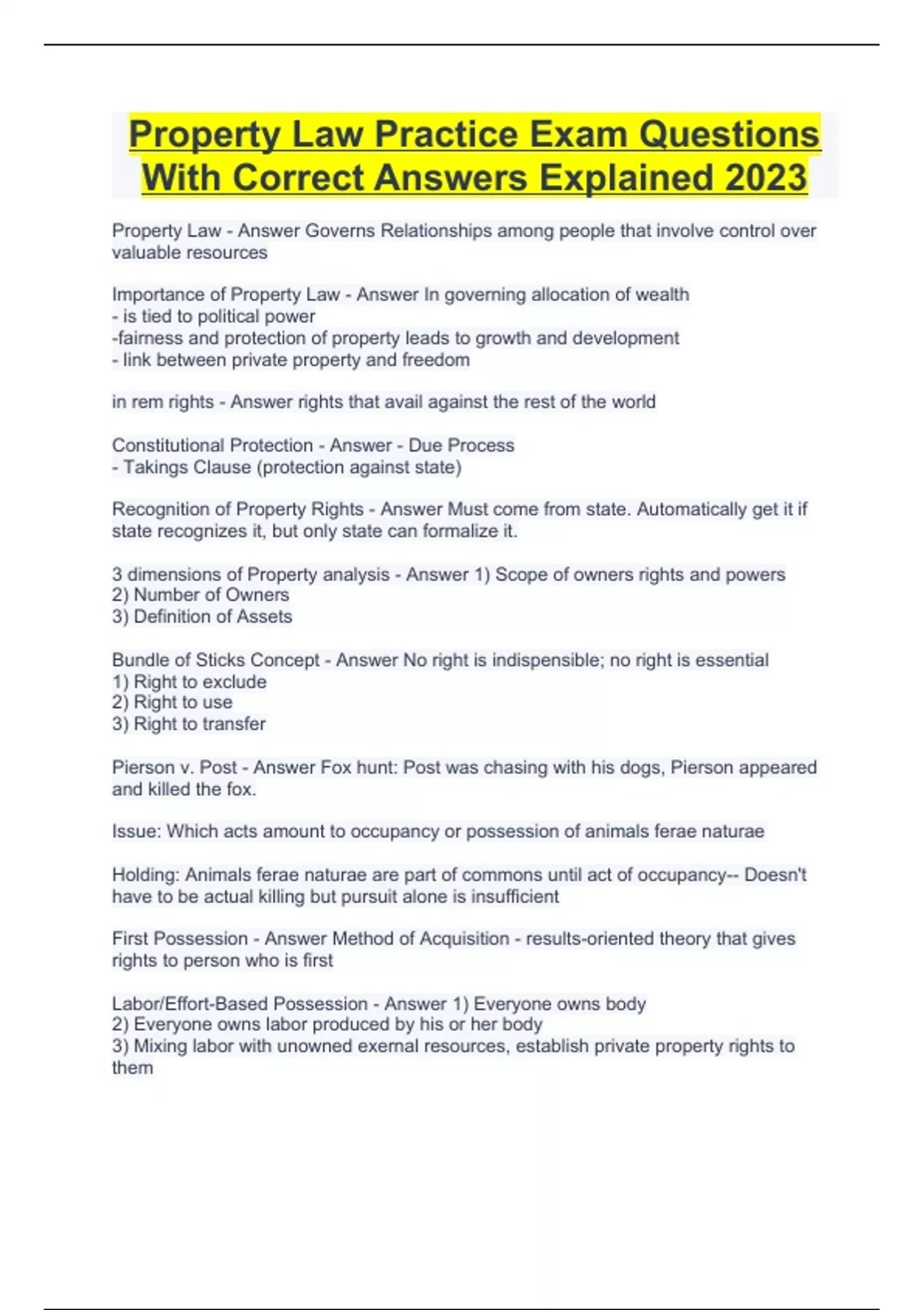 Property Law Practice Exam Questions With Correct Answers Explained ...
