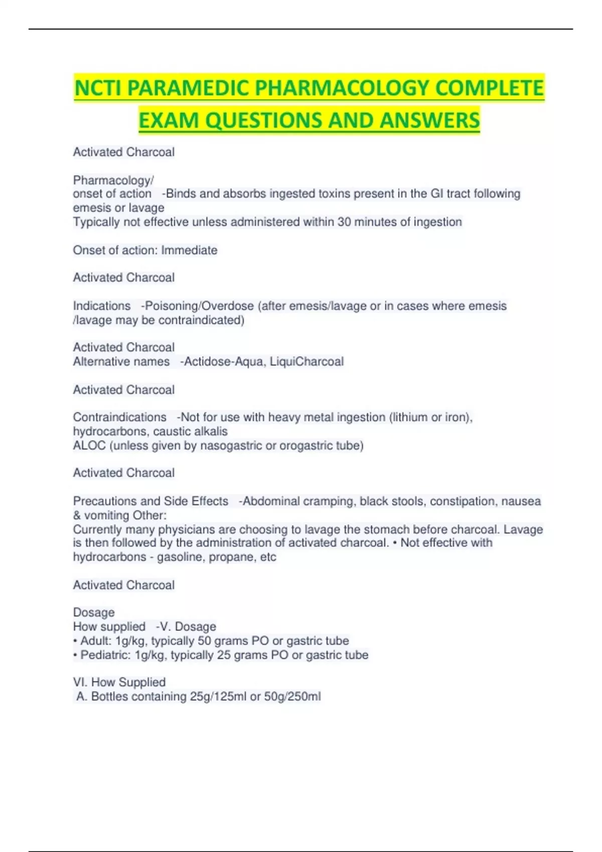 NCTI PARAMEDIC PHARMACOLOGY COMPLETE EXAM QUESTIONS AND ANSWERS 100% ...