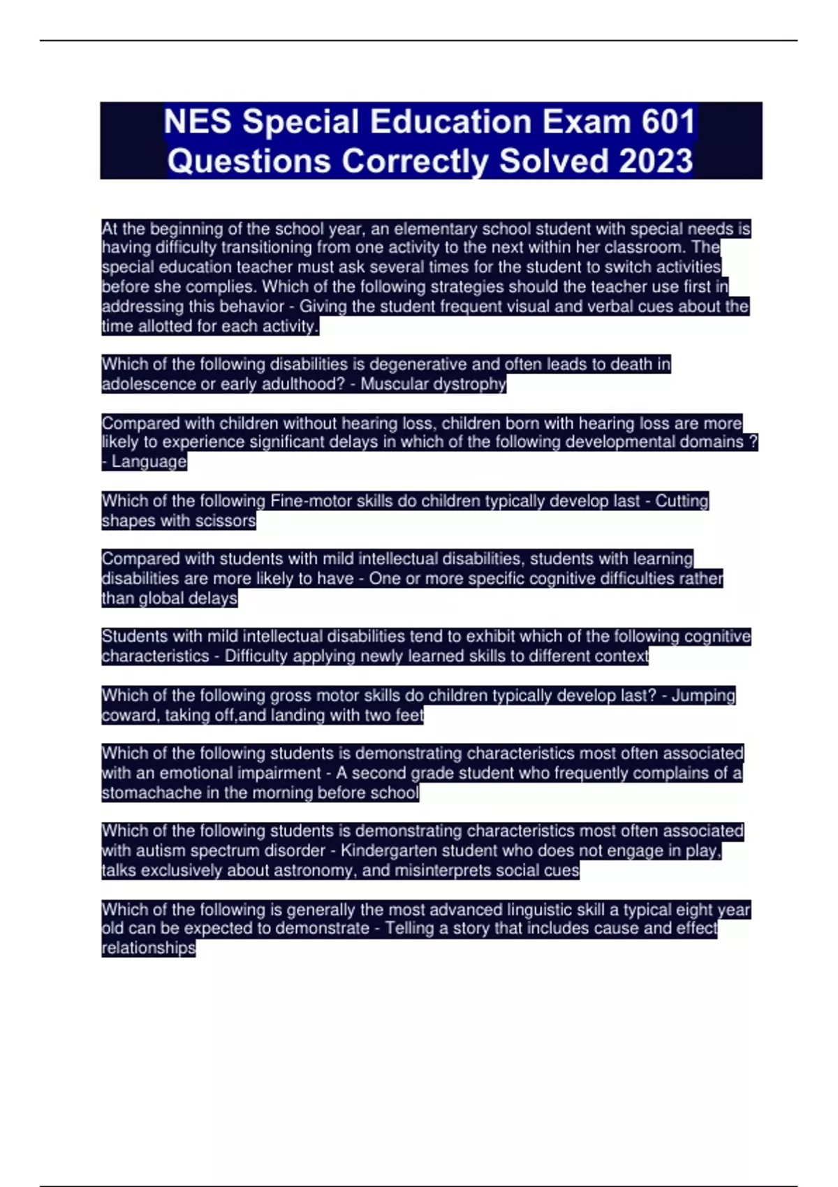 NES Special Education Exam 601 Questions Correctly Solved 2023 - NES ...