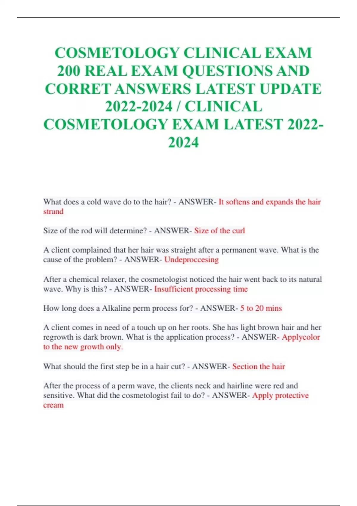 COSMETOLOGY CLINICAL EXAM 200 REAL EXAM QUESTIONS AND CORRET ANSWERS ...