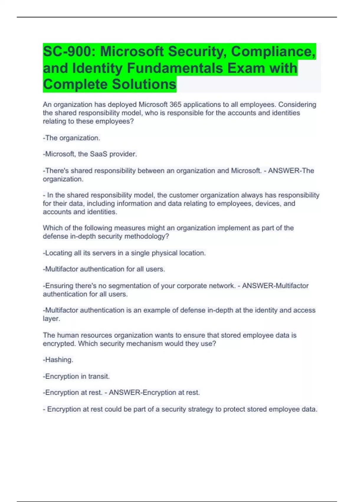 SC-900: Microsoft Security, Compliance, and Identity Fundamentals Exam with Complete Solutions ...