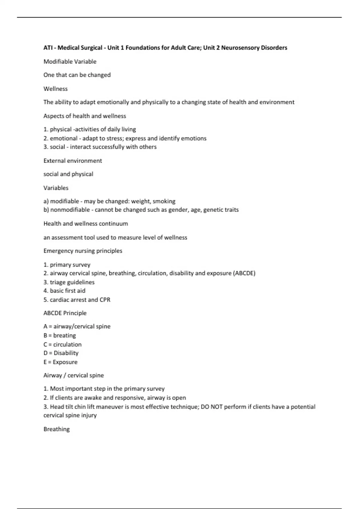 ATI - Medical Surgical - Unit 1 Foundations for Adult Care Unit 2 ...