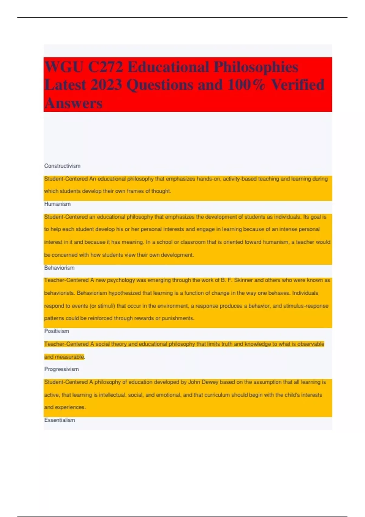 WGU C272 Educational Philosophies Latest 2023 Questions and 100% ...