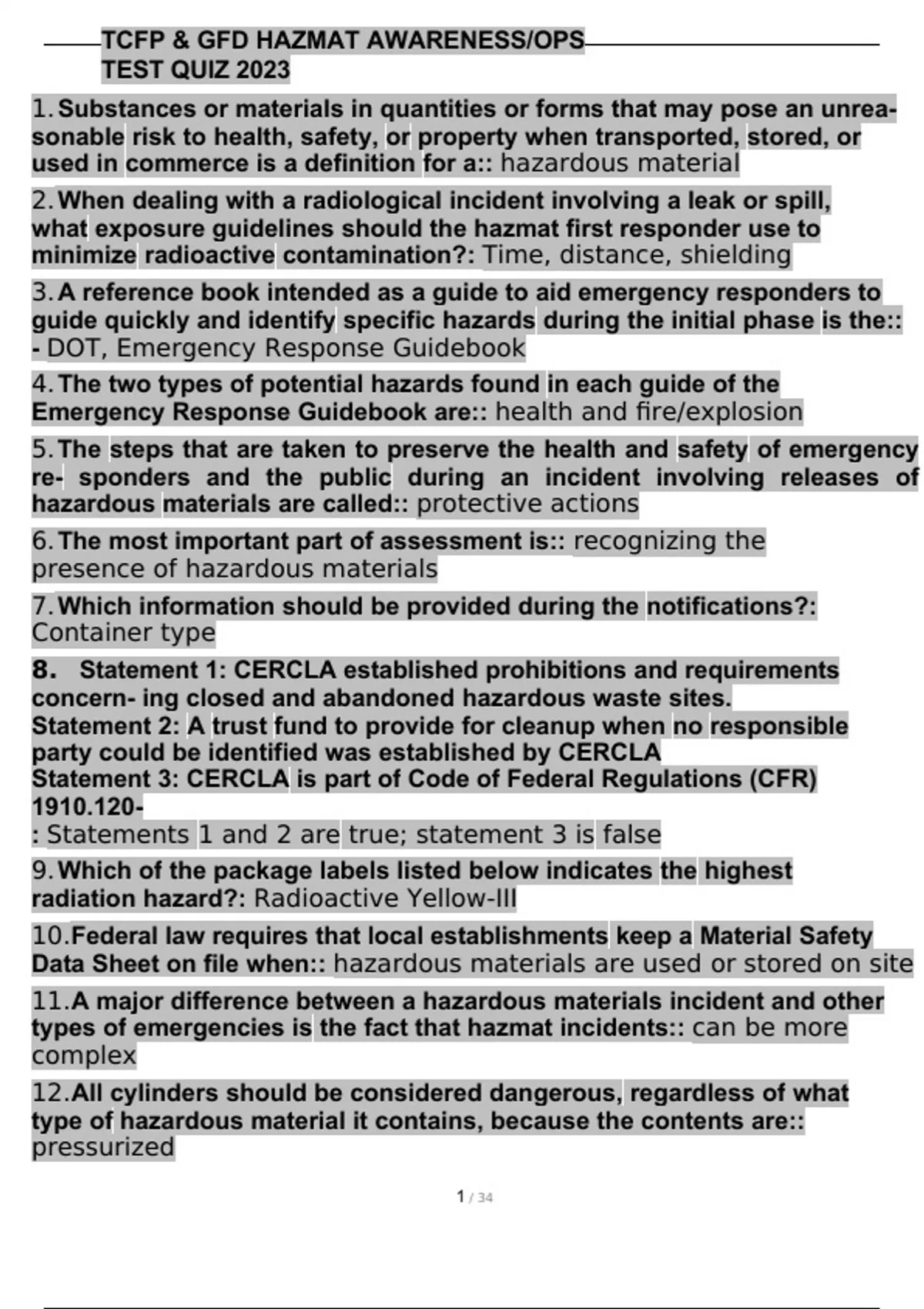 TCFP & GFD HAZMAT AWARENESS/OPS 100% TEST 2022/2023 GRADED A+ - TCFP ...