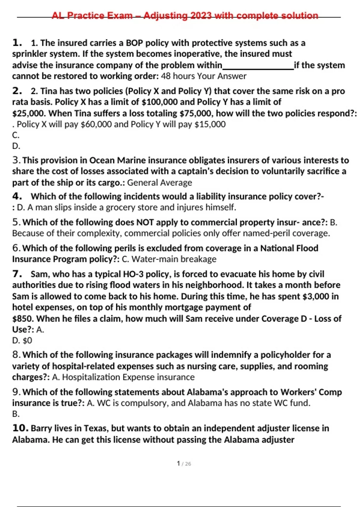 AL Practice Exam – Adjusting 2023 with complete solution - Adjuster pro ...