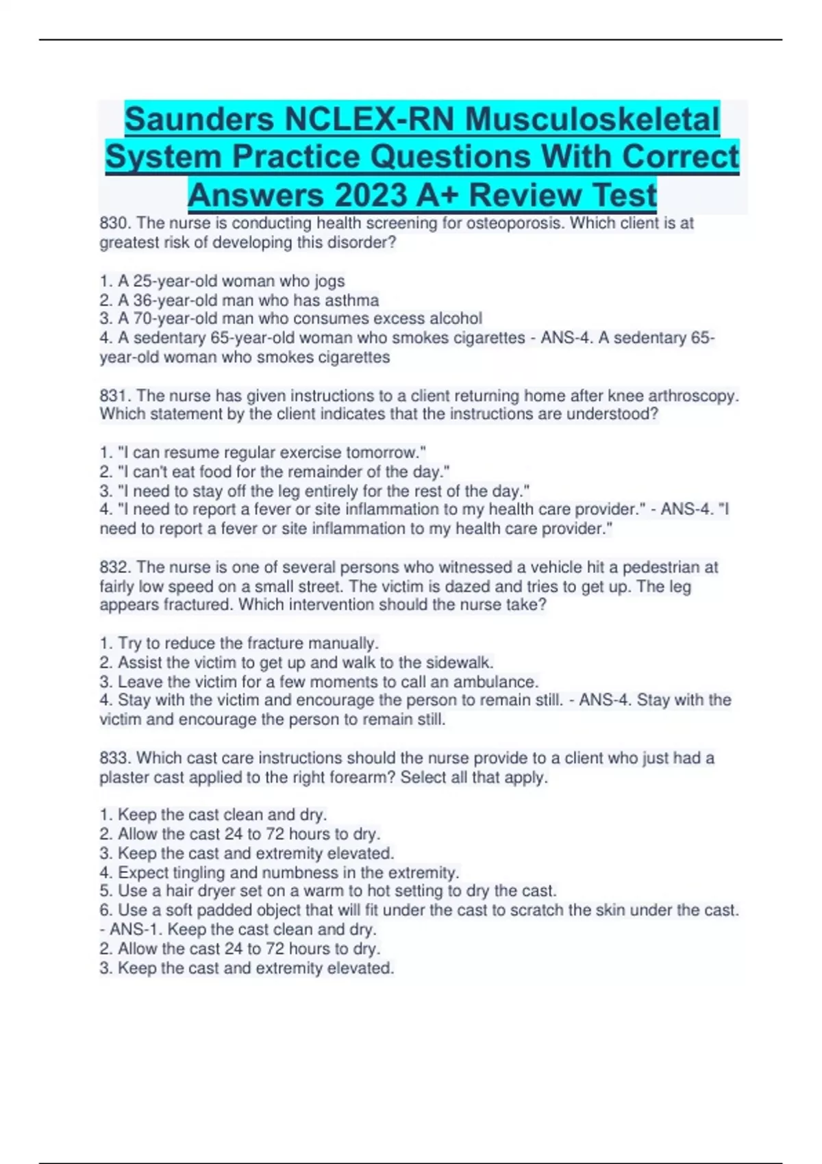 Saunders NCLEX-RN Musculoskeletal System Practice Questions With ...