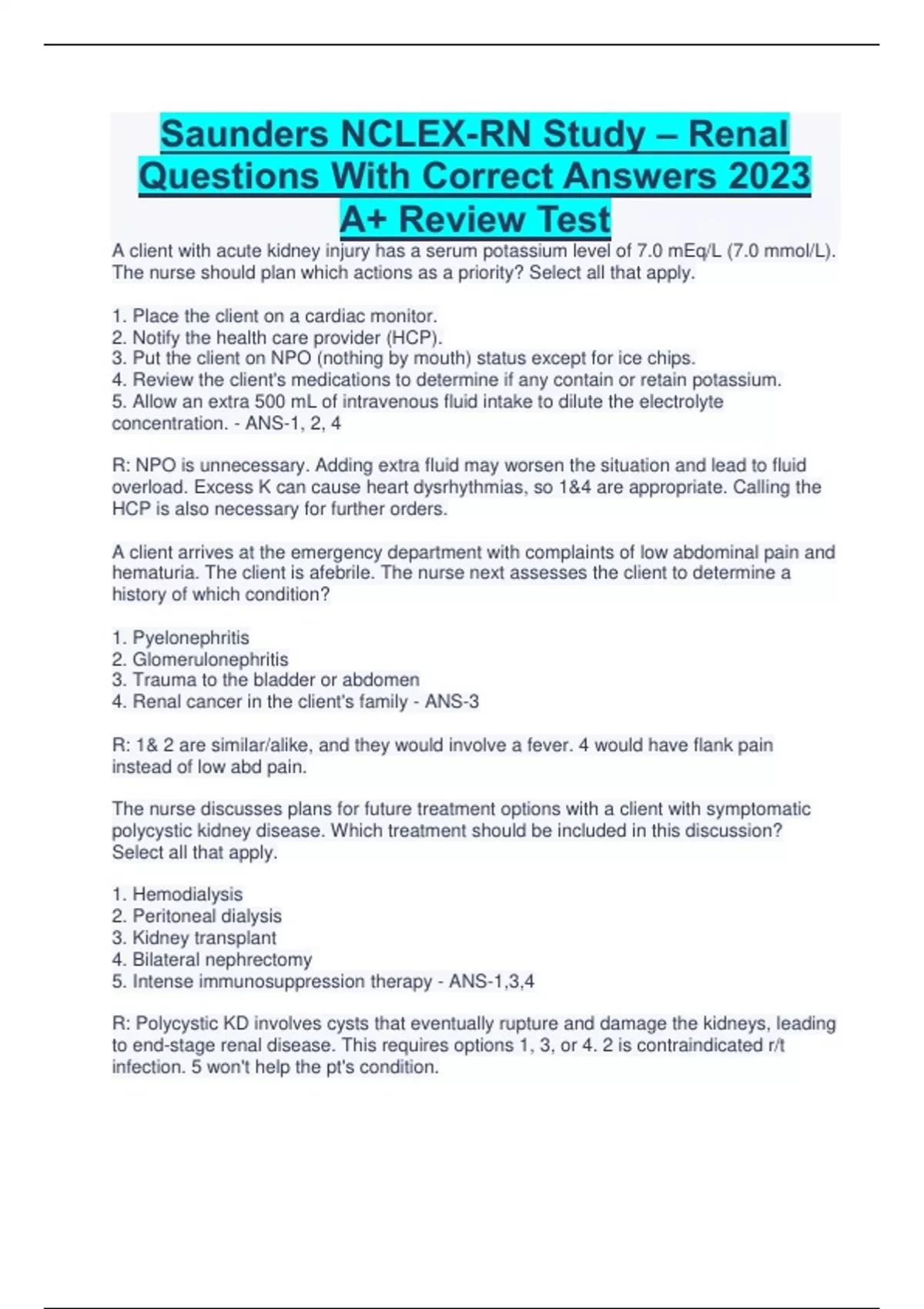 Saunders NCLEX-RN Study – Renal Questions With Correct Answers 2023 A+ ...