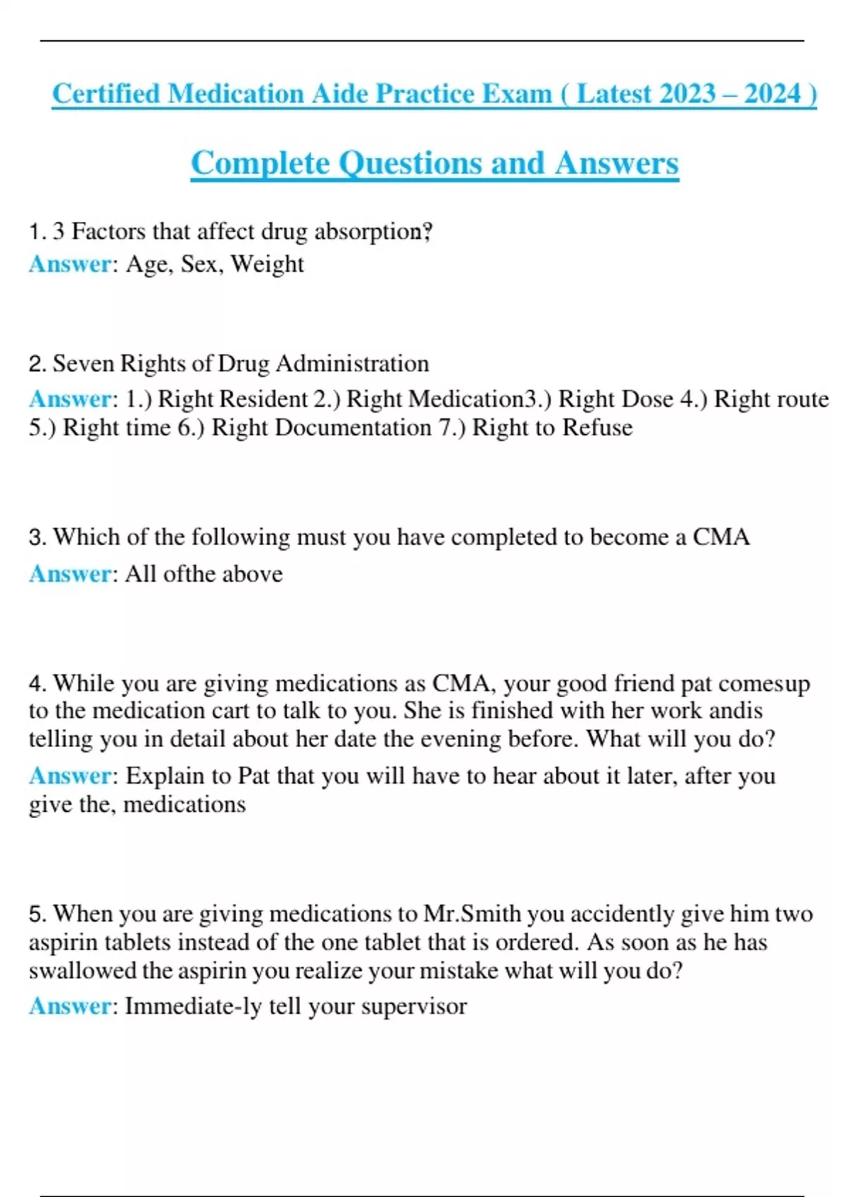Certified Medication Aide Practice Exam Latest 2023 2024 Complete Questions And Answers