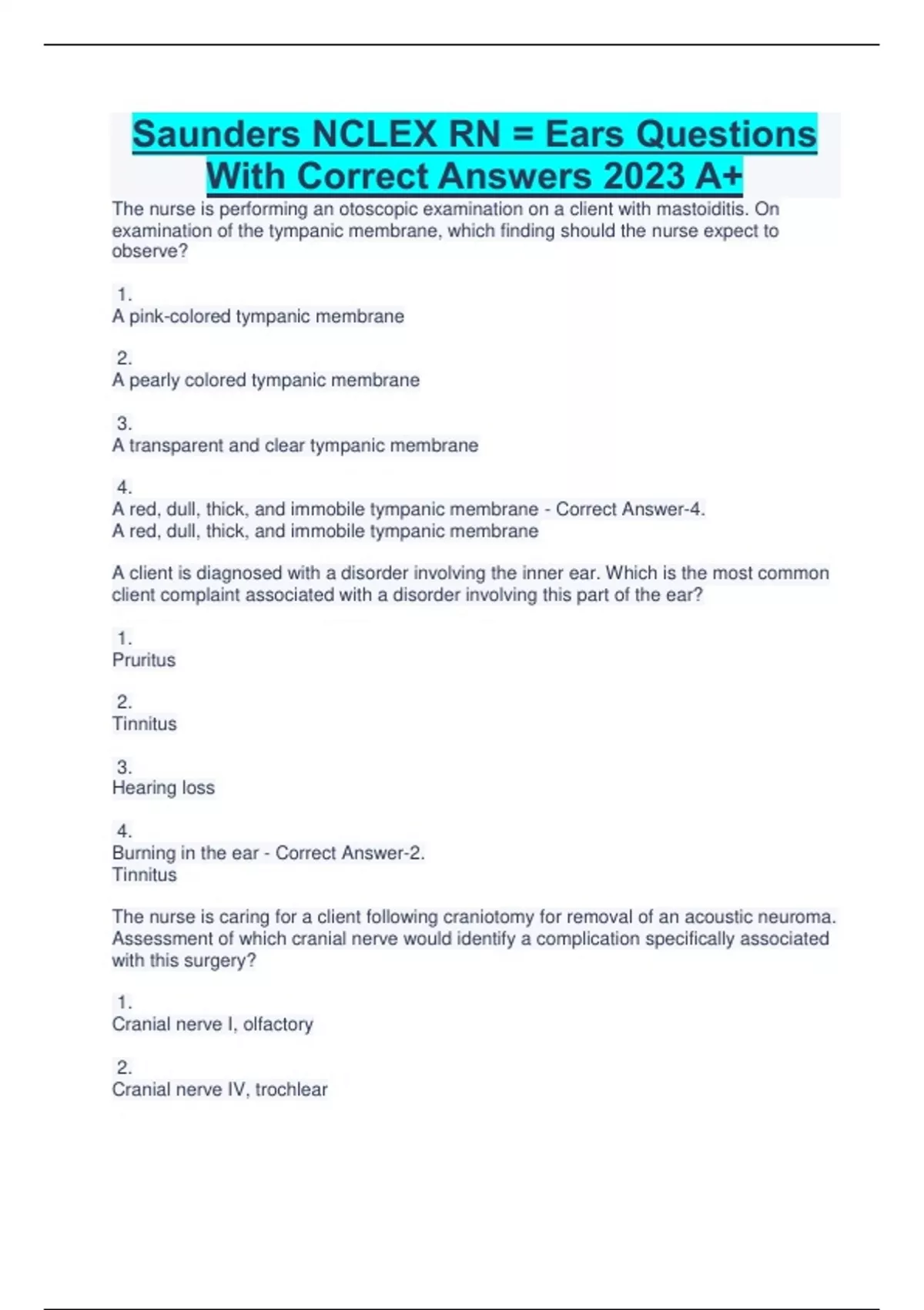 Saunders NCLEX RN Ears Questions With Correct Answers 2023 A+ ...