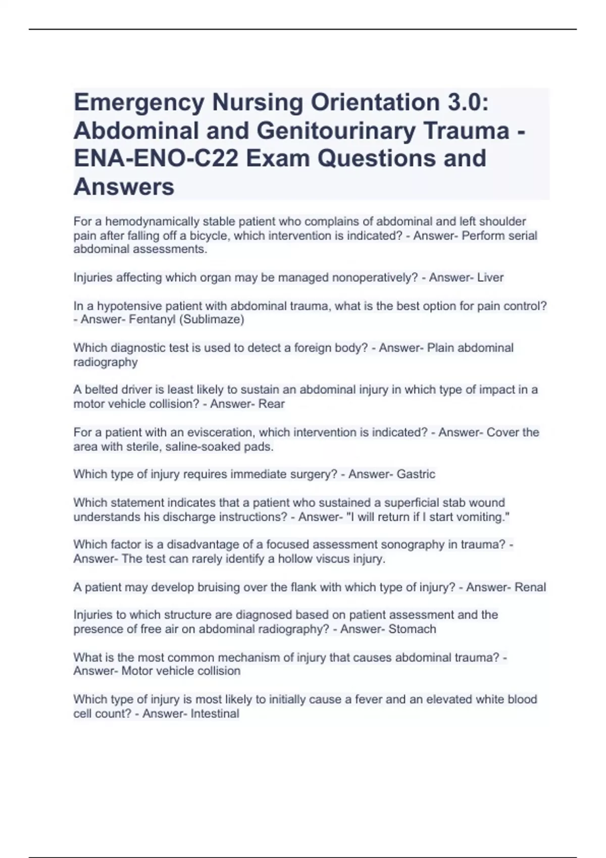 Emergency Nursing Orientation 3.0: Abdominal and Genitourinary Trauma - ENA-ENO-C22 Exam ...