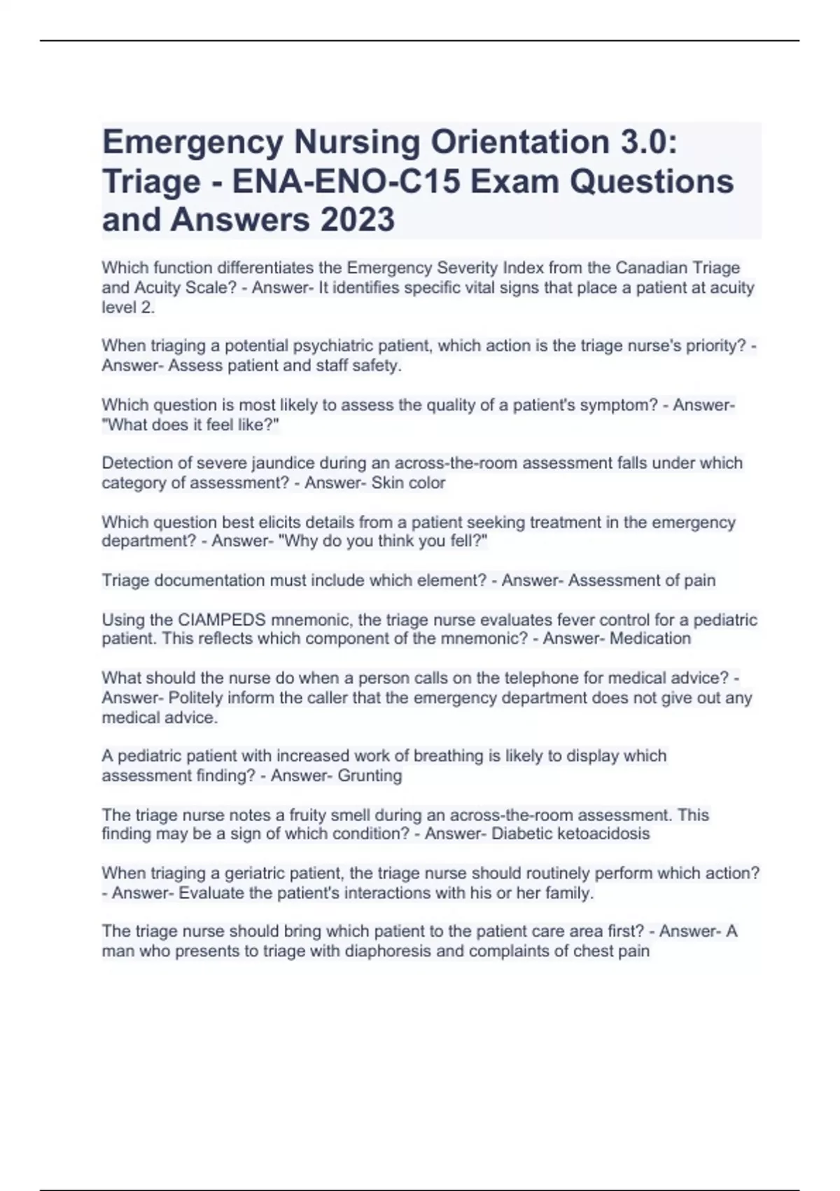 Emergency Nursing Orientation 3.0: Triage - ENA-ENO-C15 Exam Questions and Answers 2023 ...