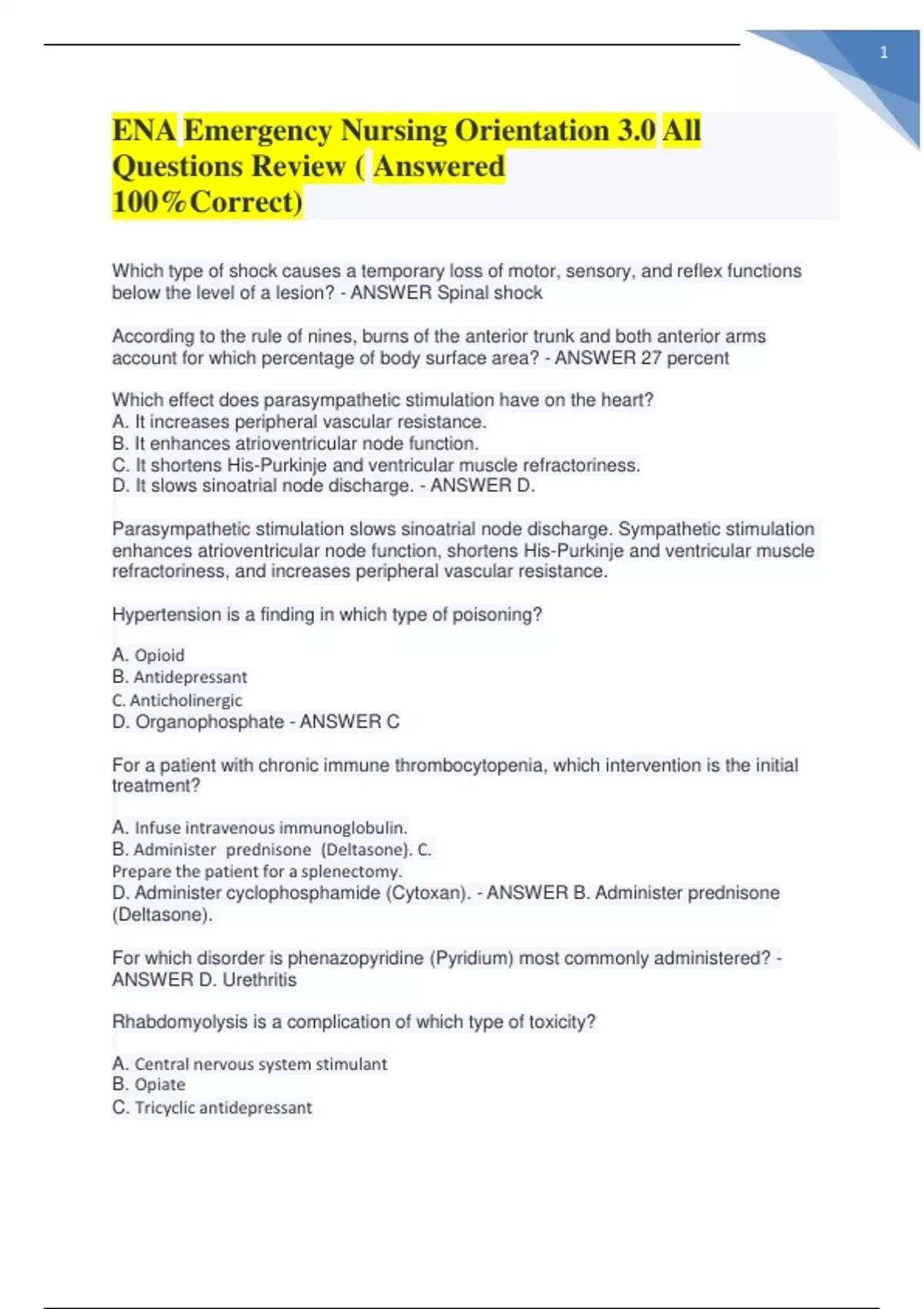 ENA Emergency Nursing Orientation 3.0 All Questions Review ( Answered ...