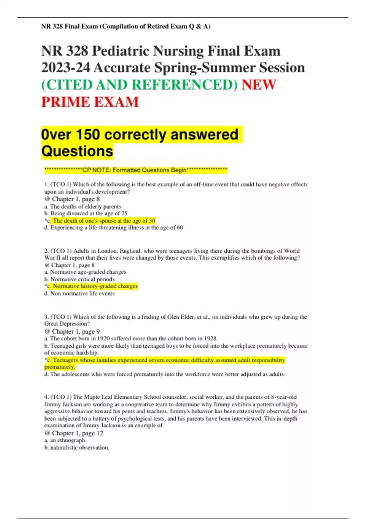 NR 328 Pediatric Nursing Final Exam 2023-24 Accurate Spring-Summer Session (CITED AND REFERENCED ...