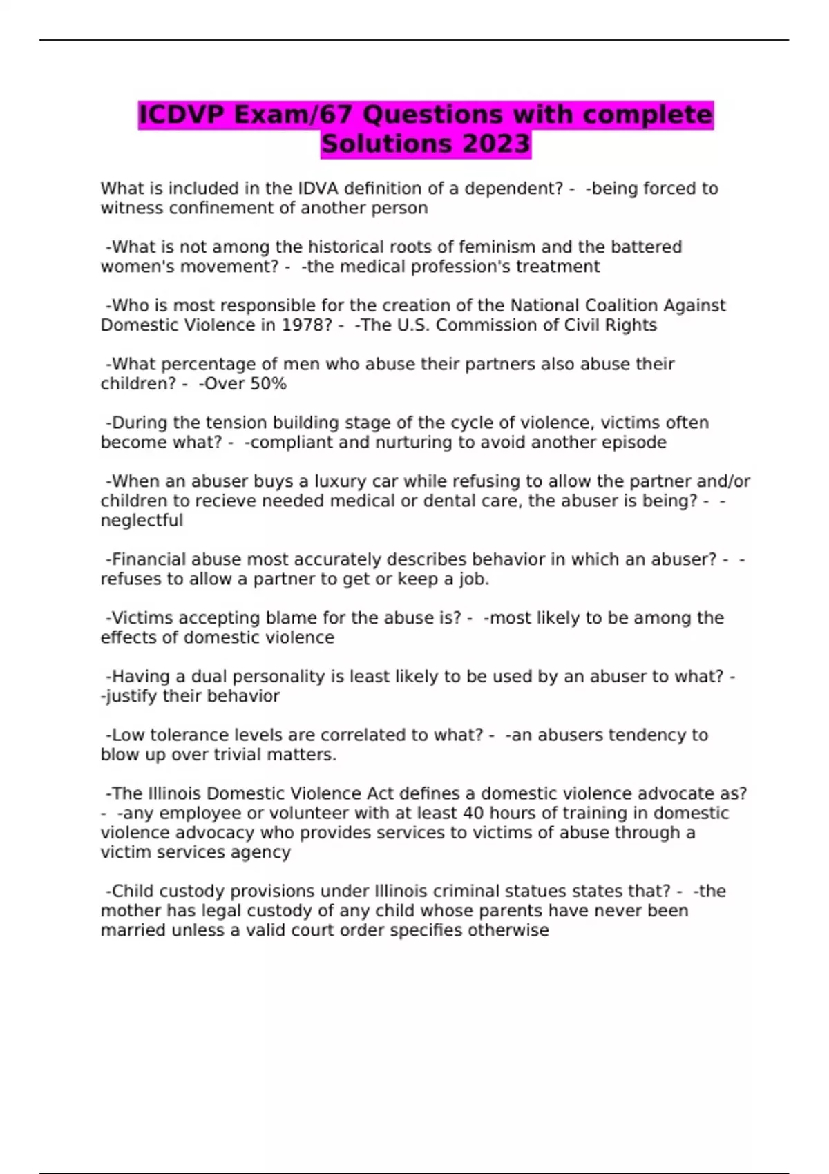 ICDVP Exam/67 Questions with complete Solutions 2023 - ICDVP - Stuvia US