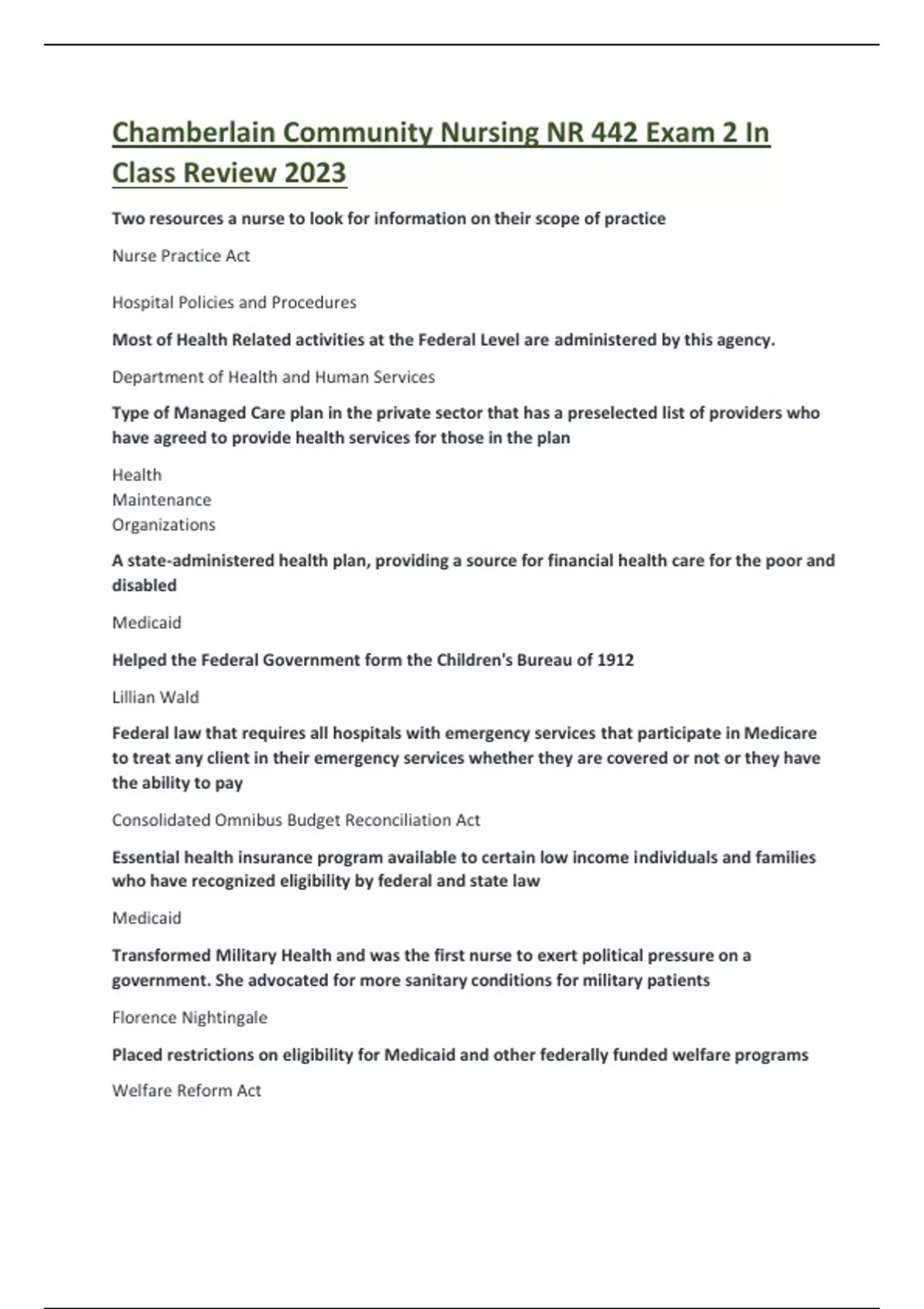 Chamberlain Community Nursing NR 442 Exam 2 In Class Review 2023 ...