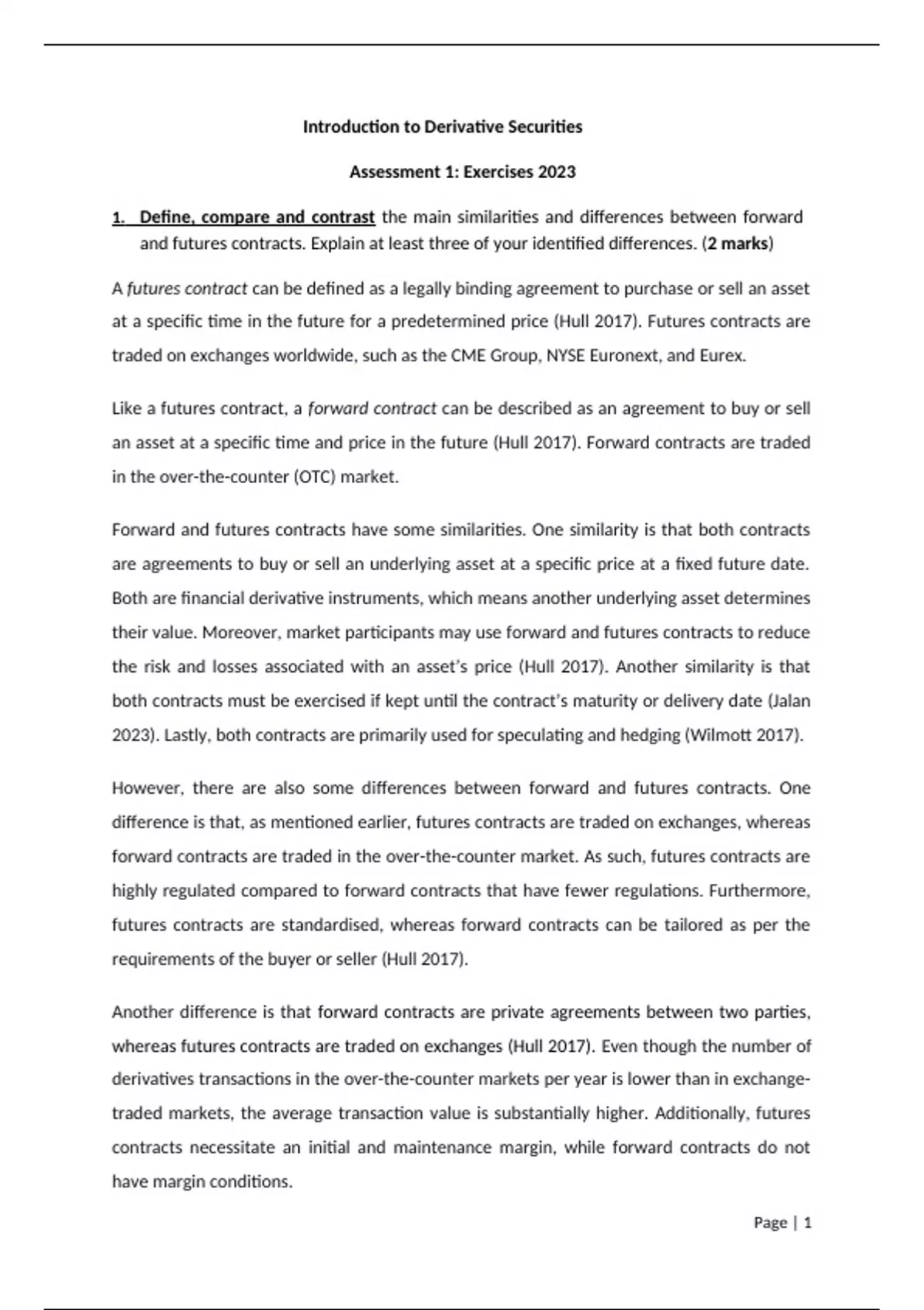 Inve3000 Introduction To Derivative Securities Assessment 1 Exercises 22 5 25 Marks