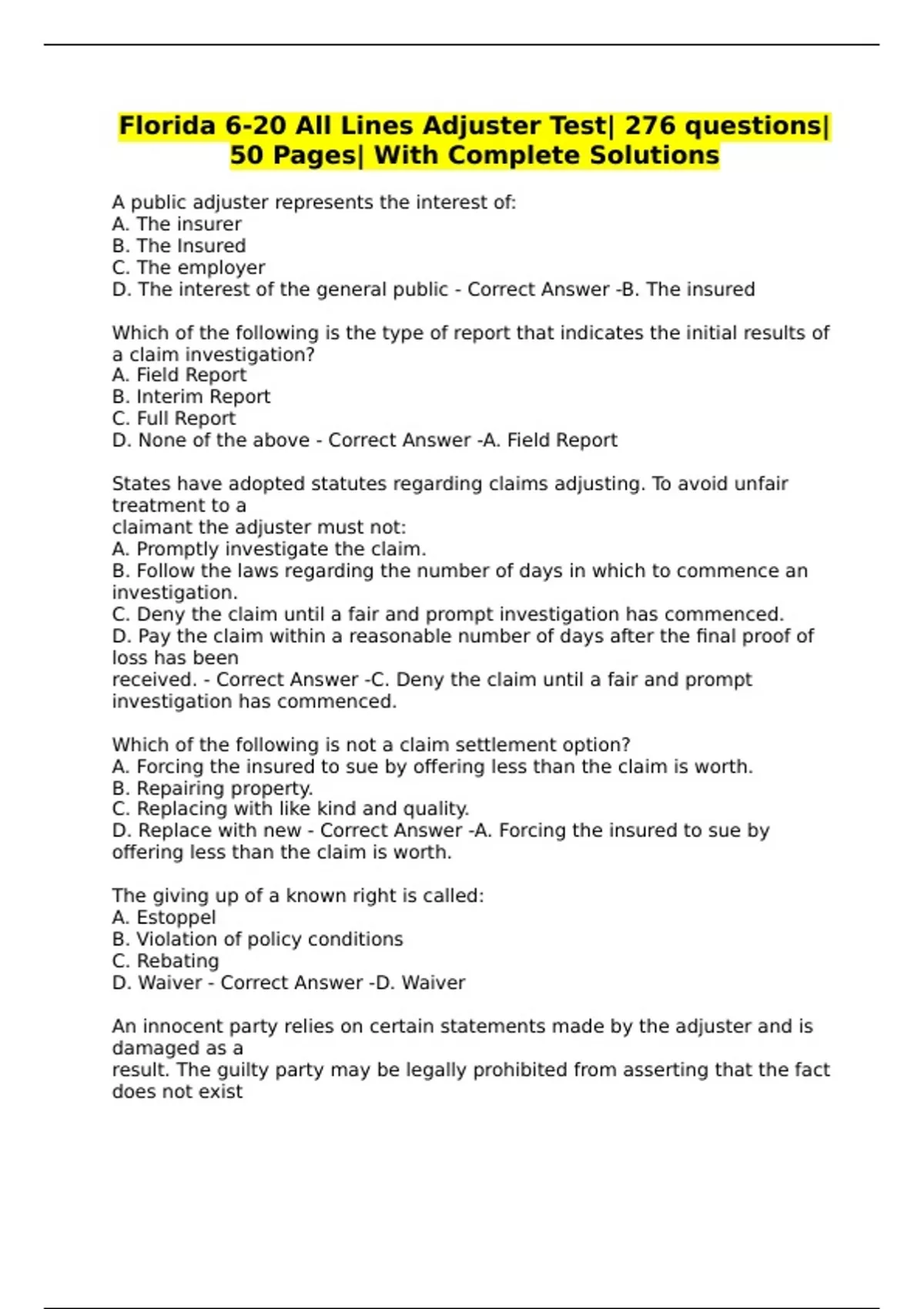 Florida 6-20 All Lines Adjuster Test| 276 questions| 50 Pages| With ...