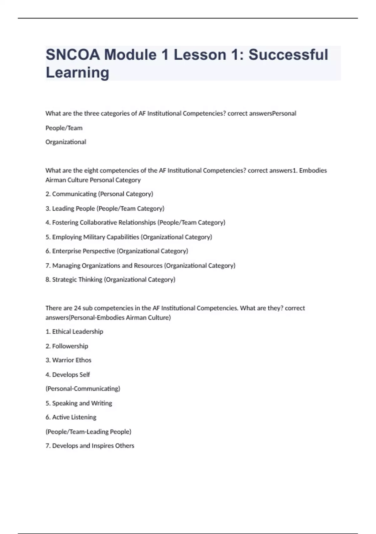 SNCOA Module 1 Lesson 1: Successful Learning EXAM WITH 100% CORRECT ...