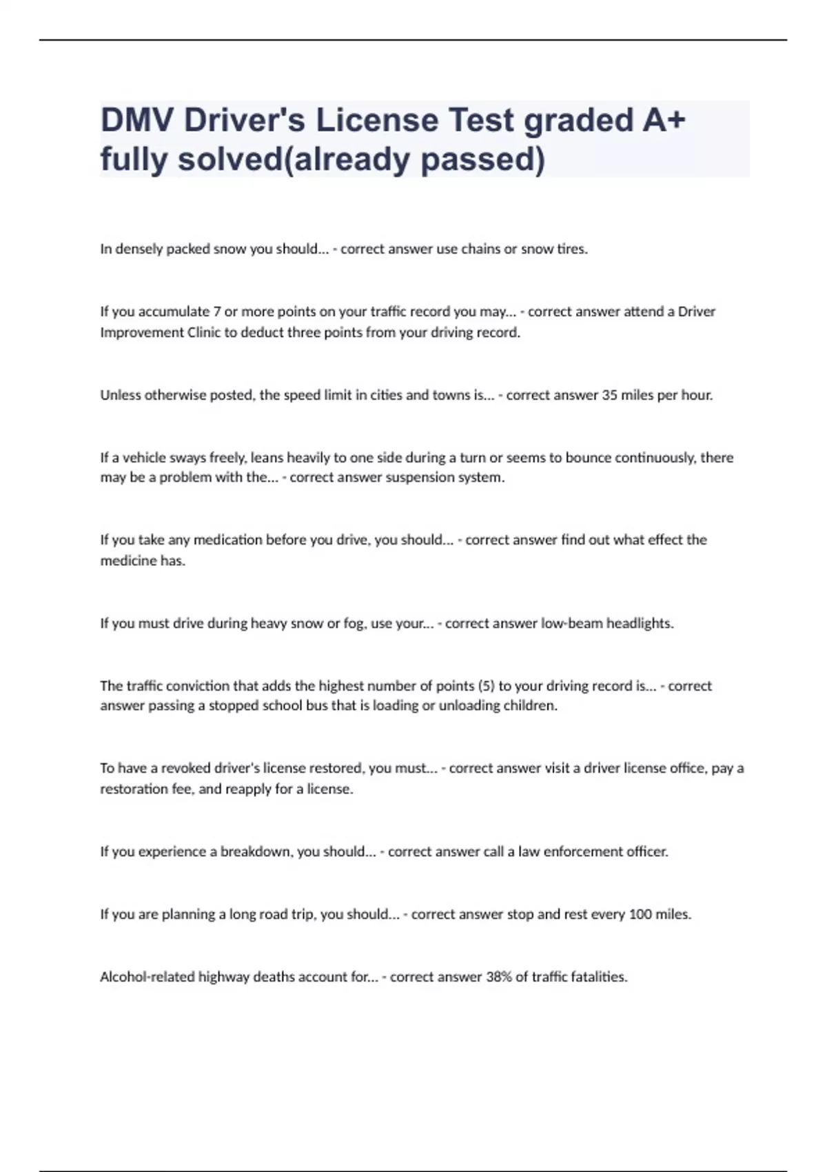 DMV Driver's License Test graded A+ fully solved(already passed) - DMV ...