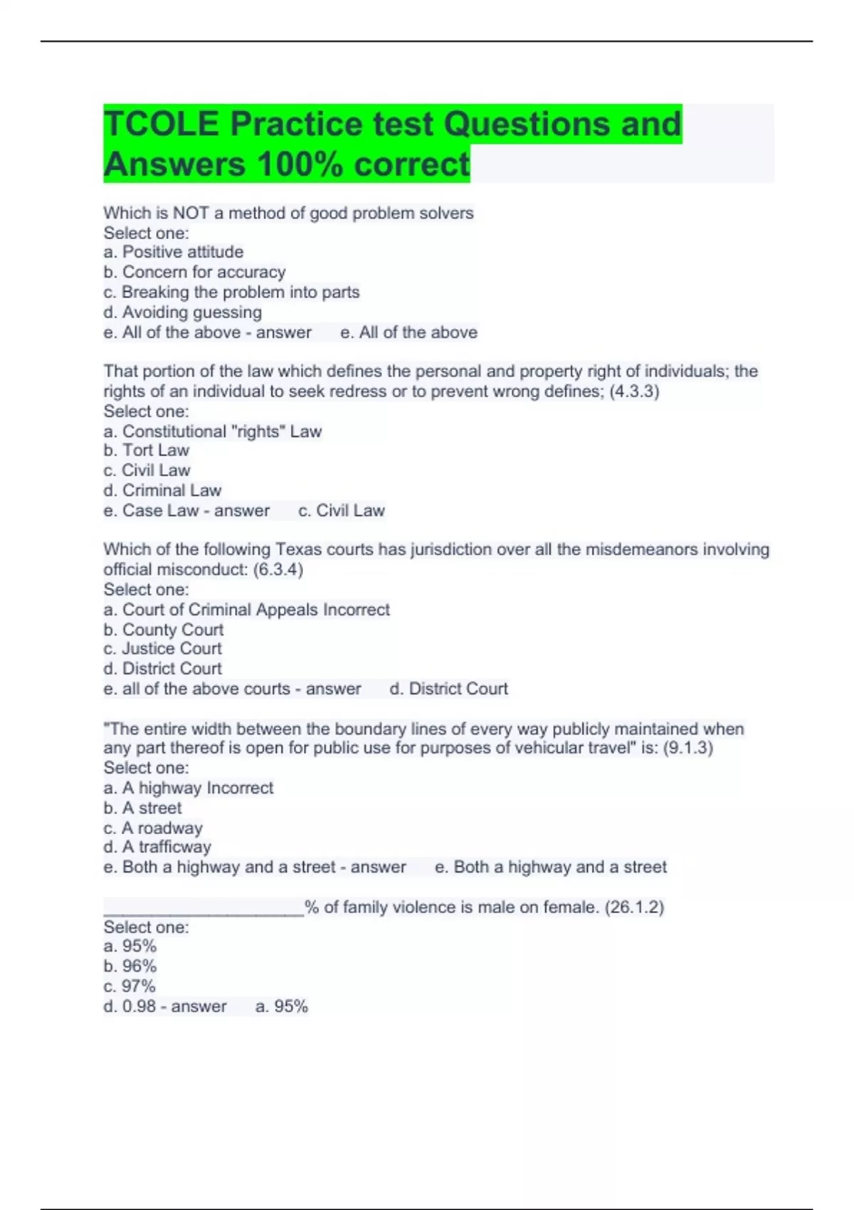 TCOLE Practice test Questions and Answers 100% correct - Tcole - Stuvia US
