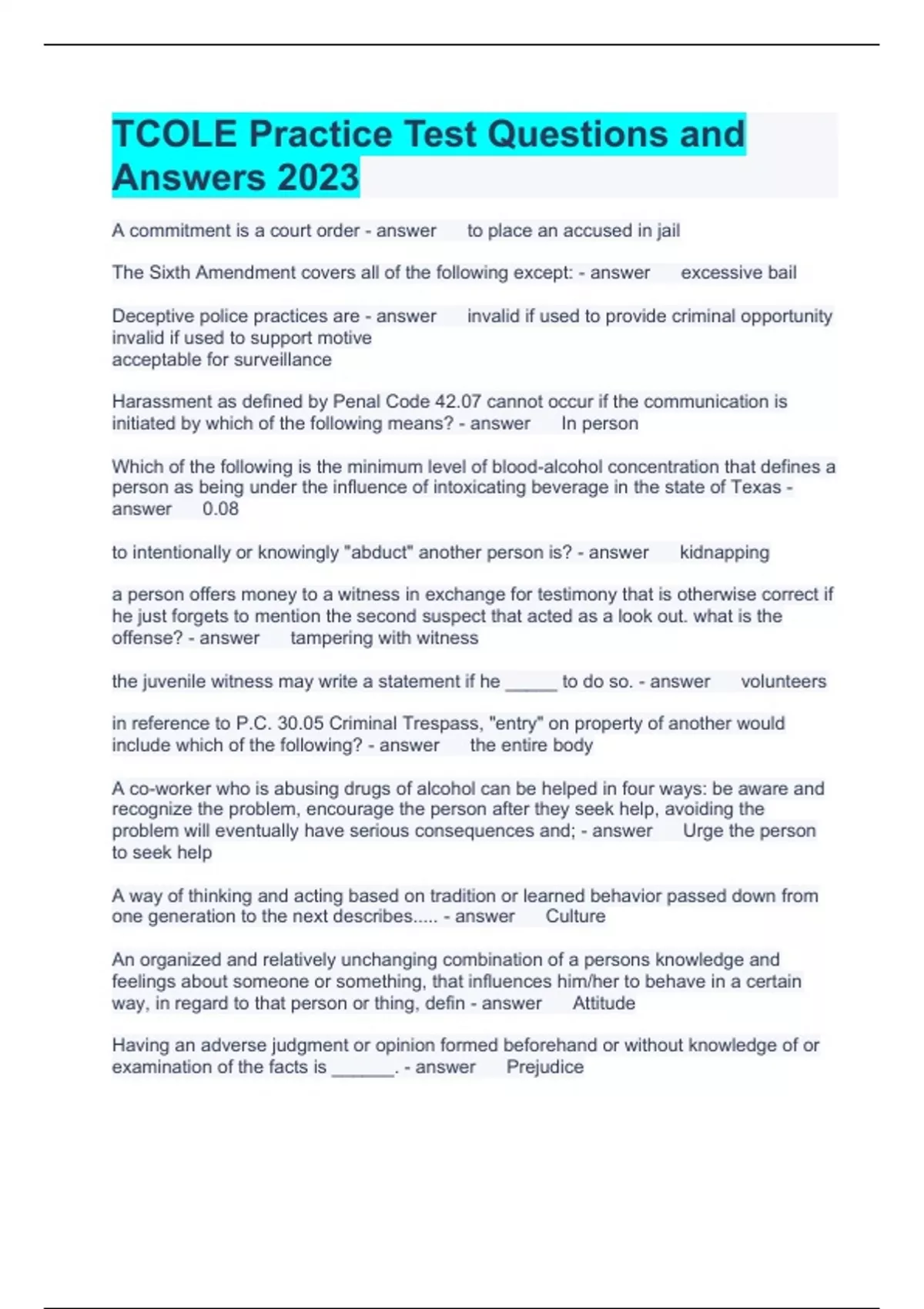 TCOLE Practice Test Questions and Answers 2023 - Tcole - Stuvia US