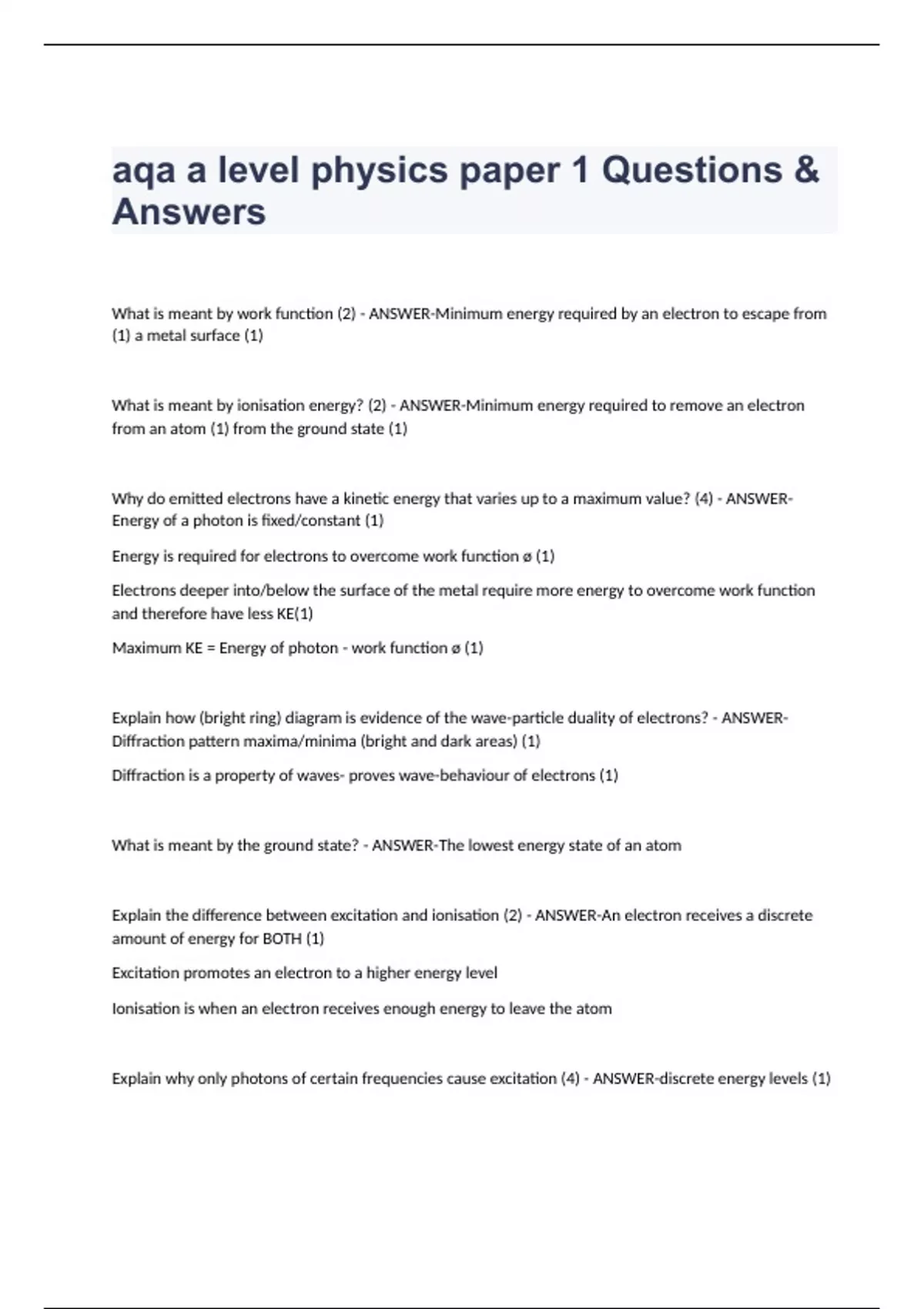 aqa a level physics paper 1 Questions & Answers - Aqa a - Stuvia US
