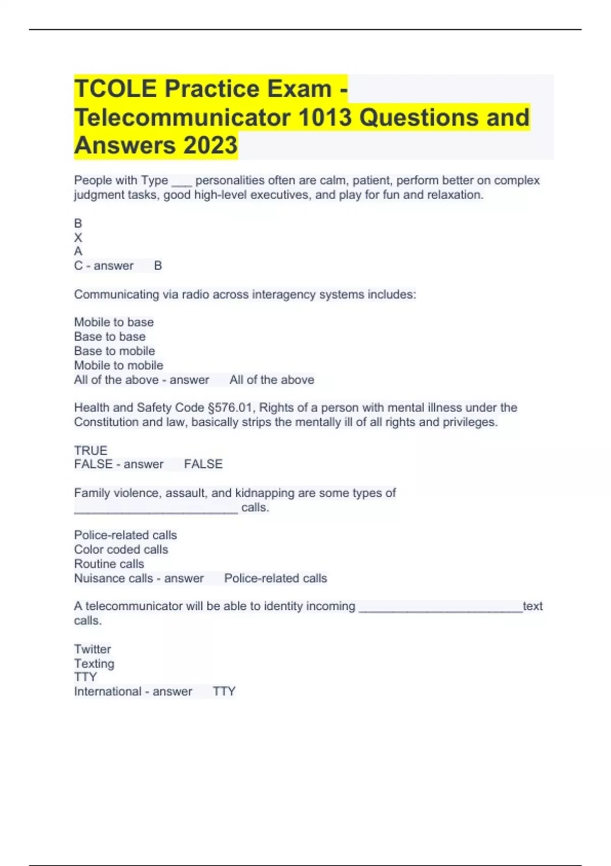 TCOLE Practice Exam - Telecommunicator 1013 Questions and Answers 2023 ...